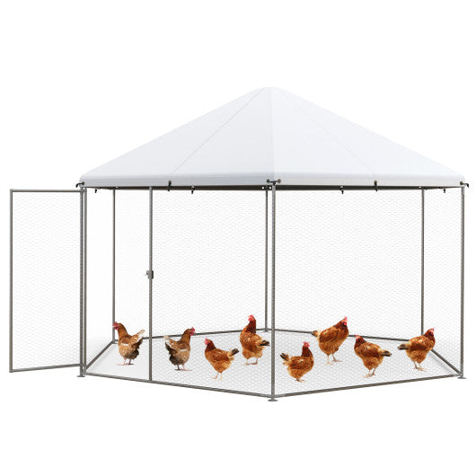 13FT Large Metal Hexagonal Chicken Coop with Wire Mesh and Lockable Do ...