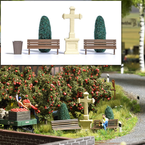 Busch 8110 N Scale Stone Cross Scene Stone Cross, 2 Trees, 2 Benches ...